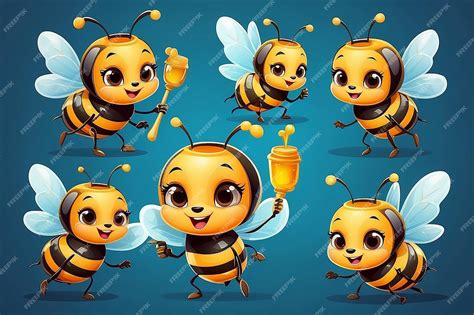 Cartoon Cute Bee Mascot Set Cartoon Cute Bee With Honey Pot Set Cute Bee Carries Honey Pot And