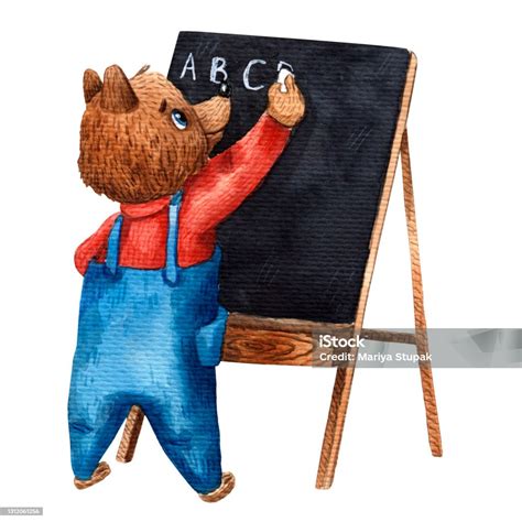 귀여운 곰의 수채화 그림 동공 캐릭터 초등학교 일러스트 만화 스타일 학교 아이들 그림 책 그림 작은 영리한 소년 학교 카드 나무 칠판 0명에 대한 스톡 벡터 아트 및 기타