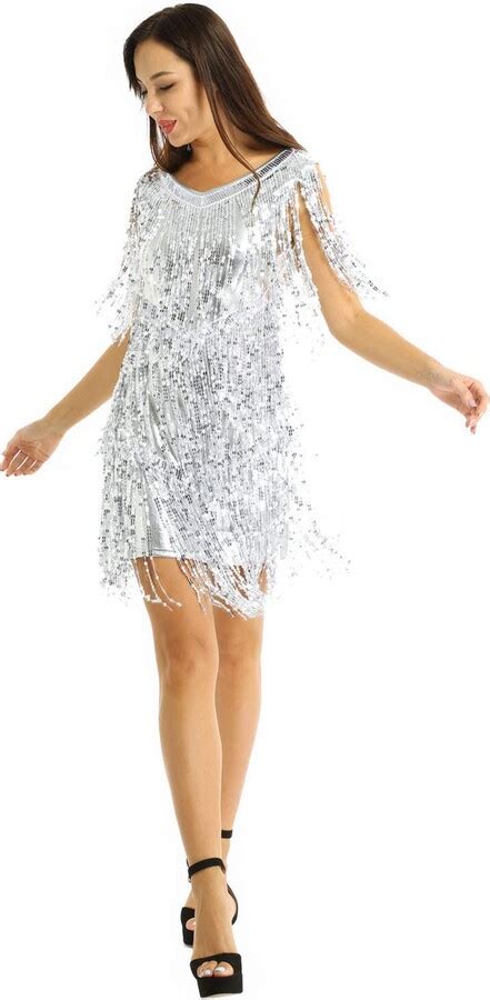 Aiihoo Womens V Neck Sparkly Sequins Tassels Fringe Flapper Dress