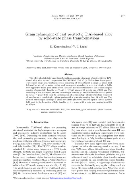 Pdf Grain Refinement Of Cast Peritectic Tial Based Alloy By Solid