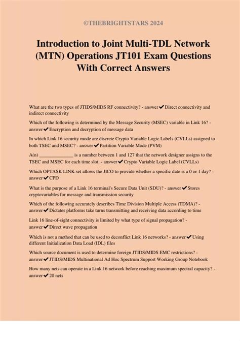 Introduction To Joint Multi Tdl Network Mtn Operations Jt101 Exam Questions With Correct