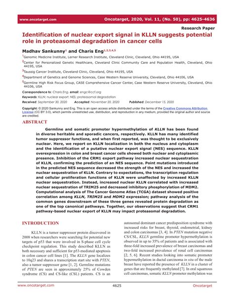 Pdf Identification Of Nuclear Export Signal In Klln Suggests Potential Role In Proteasomal