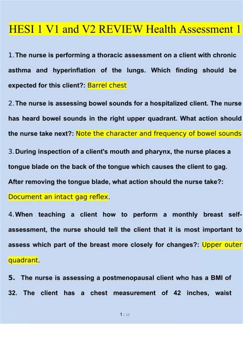 Hesi 1 V1 And V2 Review Health Assessment 1 Questions And Answers