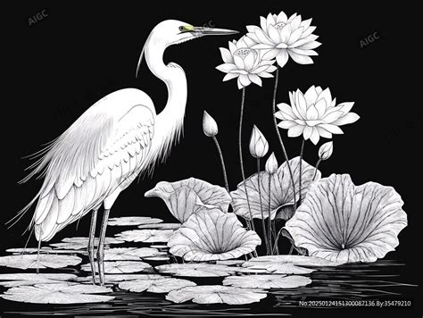 Ai创作图手绘白鹤装饰画 手绘白鹭 黑白色仙鹤 鼠绘仙鹤 白鹤雕刻 白鹤插画 白鹤装饰画 手绘仙鹤设计 荷花白鹭线描 手绘仙鹤 手绘白鹤描金线描挂画 手绘鹤插画 创意现代黑白花鸟画 新中式荷花