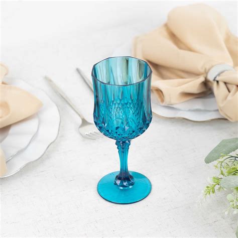 Efavormart 6 Pack Ocean Blue Crystal Cut Reusable Plastic Wine Glasses