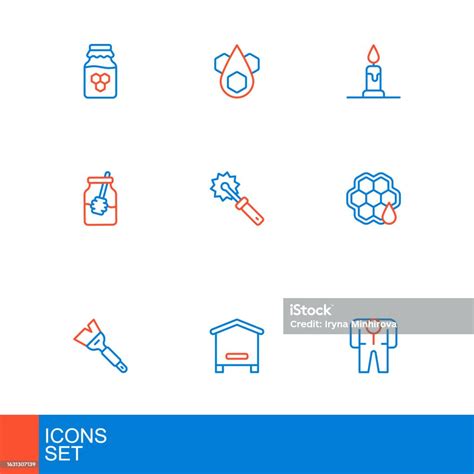 세트 라인 양봉가 의상 꿀벌을위한 하이브 양봉 브러시 벌집 꿀 항아리와 국자 스틱 커터 롤 불타는 촛불 및 아이콘 벡터 강철에 대한 스톡 벡터 아트 및 기타 이미지 Istock