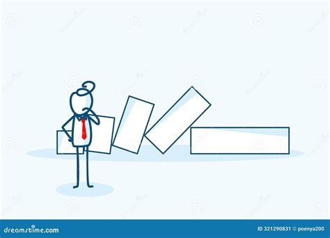 Businessman Stick Figure Character Analyze Declining Collapsing Domino Bar Graph Effect
