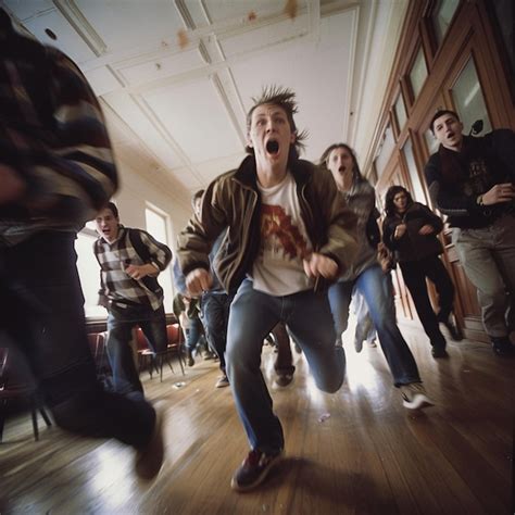 Frightened Students Running Out Of A Classroom Premium Ai Generated Image