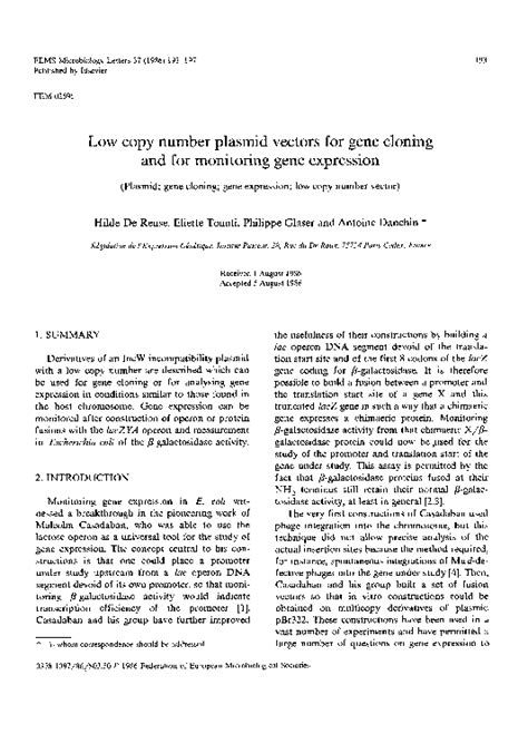 Pdf Low Copy Number Plasmid Vectors For Gene Cloning And For Monitoring Gene Expression