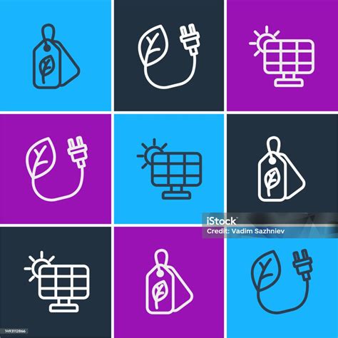 잎 태양 에너지 패널 및 전기 절약 플러그 아이콘으로 라인 태그를 설정합니다 벡터 0명에 대한 스톡 벡터 아트 및 기타 이미지 0명 고풍스런 녹색 Istock