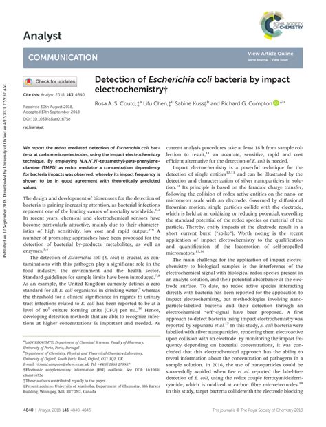 Pdf Detection Of Escherichia Coli Bacteria By Impact Electrochemistry