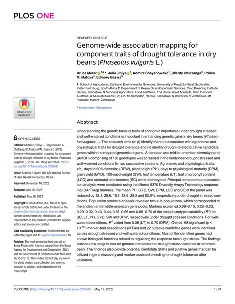 Pdf Genome Wide Association Mapping For Component Traits Of Drought Tolerance In Dry Beans