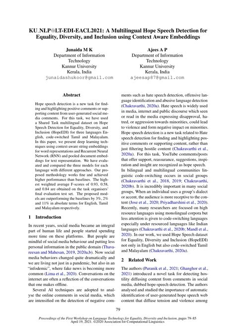 Pdf Ku Nlplt Edi Eacl2021 A Multilingual Hope Speech Detection For Equality Diversity And
