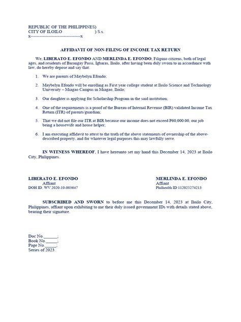 Affidavit Non Filing Itr Pdf