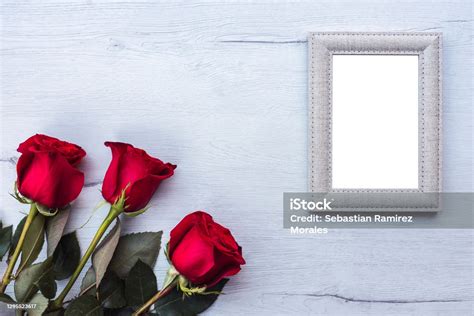 사진 프레임이있는 나무 테이블에 빨간 장미 3 개 복사 공간 0명에 대한 스톡 사진 및 기타 이미지 0명 3가지 개체 건설 프레임 Istock