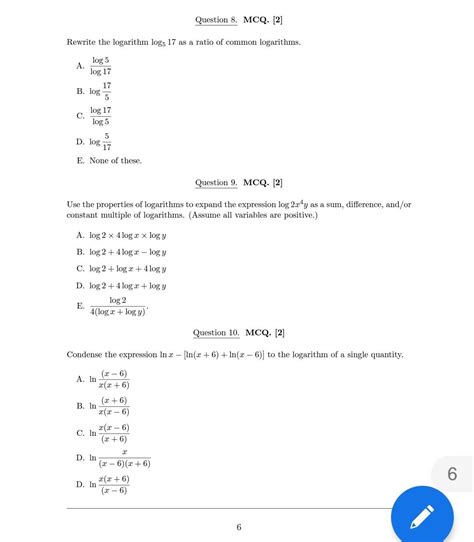 Solved Question 8 MCQ 2 Rewrite The Logarithm Log5 17 As Chegg Com
