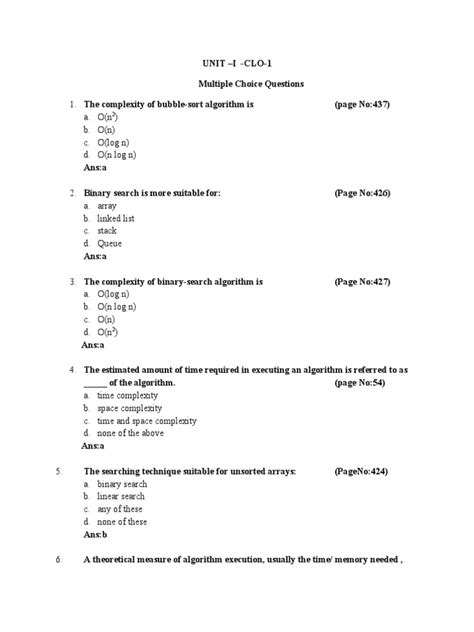 Multiple Choice Questions On Algorithm Analysis Concepts Including