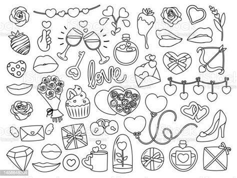 귀여운 간단한 발렌타인 데이 관련 아이템과 물건의 컬렉션입니다 색칠을 위한 흑백 벡터 삽화 2월에 대한 스톡 벡터 아트 및 기타