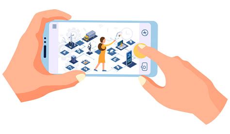 스마트 폰을 들고있는 인간의 손이 현대 기술 진보 수단에 대해 현장의 버튼을 누릅니다 그래픽 사용자 인터페이스에 대한 스톡 벡터 아트 및 기타 이미지 그래픽 사용자