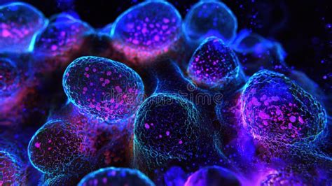 Vibrant Microscopic View Of Cells With Glowing Patterns And Intricate Details Stock Illustration