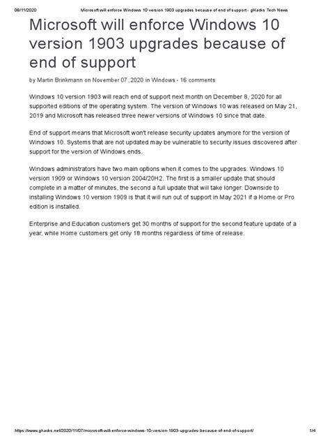 Microsoft Will Enforce Windows 10 Version 1903 Upgrades Because Of End Of Support Ghacks Tech