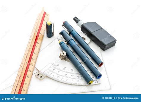 Pen Drawings Adjust Angle Tool Scale Ruler Cutter Ink On Stock Photo Image Of Inches
