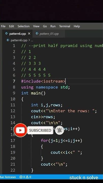 C Program To Print Half Pyramid Using Numbers Star Pattern Shorts Cpp Code Youtube