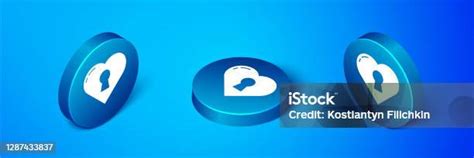 파란색 배경에 격리된 키홀 아이콘이 있는 동급 성 하트 잠긴 심장 사랑 기호 및 열쇠 구멍 기호 파란색 원 버튼입니다 벡터 3차원 형태에 대한 스톡 벡터 아트 및 기타