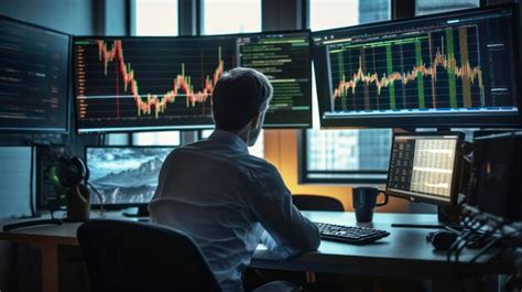 A Trader Analyzing Financial Data On Multiple Monitors In A Modern Office Setting Premium Ai