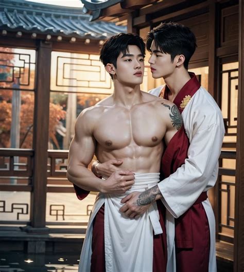 2 Handsome Chinese Guys Kissing Have A Date Smilling At Each Other