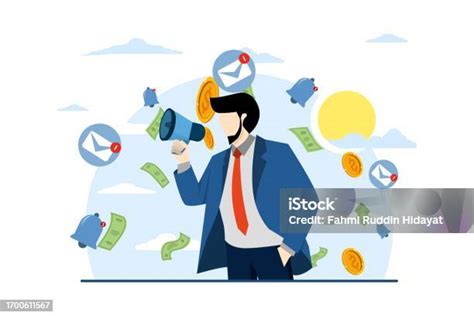 프로모션 이메일 마케팅 홍보 이메일 캠페인의 개념 확성기로 외치는 남자 비즈니스 캐릭터는 확성기로 발표됩니다 다이렉트 마케팅 웹 배너를 위한 플랫 벡터 그림입니다 광고에