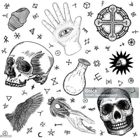 오컬트 매체 리더 장비의 요술 세트 연금술 종교 및 영성 신비주의 마녀 마법 요소 세트 인간의 두개골 유리 물약 컵 손바닥 판독기 손 여성 마녀 손바닥 벡터 개체 그룹에