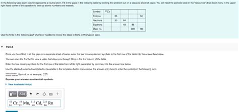 Solved In The Following Table Each Column Represents A