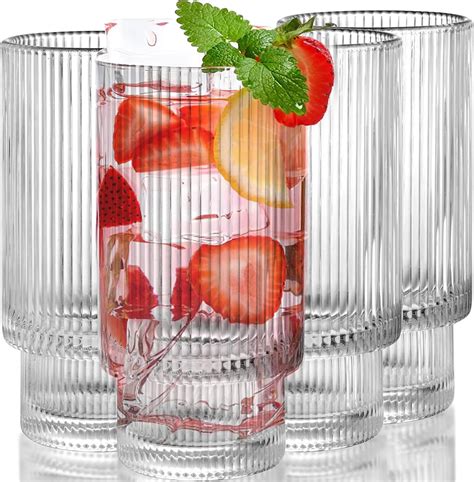 Deayou 4 Pack Ribbed Drinking Glasses 10 Oz Clear
