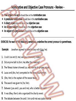 Nominative And Objective Cases Pronouns Review HS English PDF