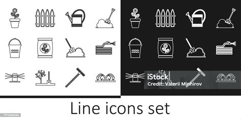 세트 라인 자동 관개 스프링클러 정원 호스 또는 소방 호스 물뿌리개 비료 가방 양동이 화분 삽 땅과 울타리 아이콘 벡터 0명에 대한 스톡 벡터 아트 및 기타 이미지 Istock