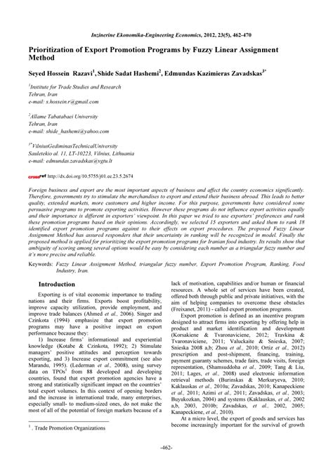 Pdf Prioritization Of Export Promotion Programs By Fuzzy Linear Assignment Method