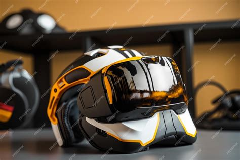 Premium Photo Smart Helmet On The Table Virtual Reality Helmet A Technological Headgear