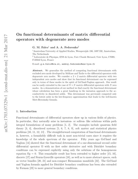 Pdf On Functional Determinants Of Matrix Differential Operators With