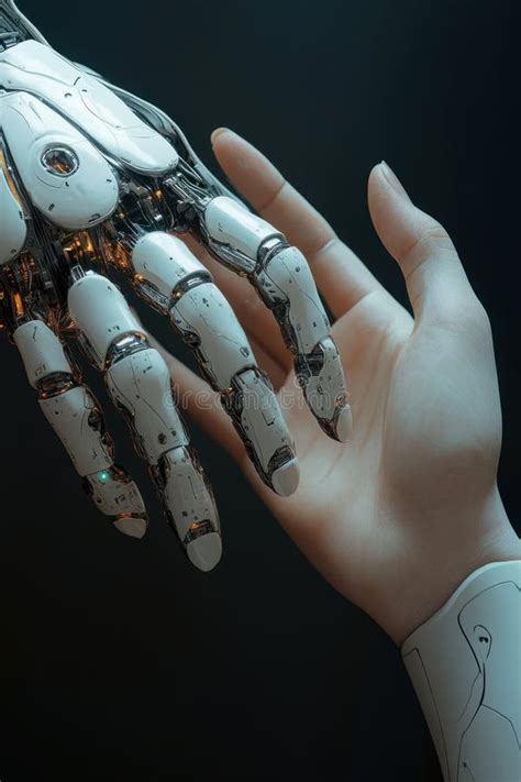 Human Robot Interaction A Human Hand Reaches Out To Touch A Robotic Hand Illustrating The