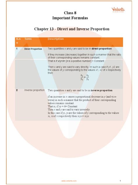 Cbse Class 8 Maths Chapter 13 Direct And Inverse Proportions Formulas Pdf