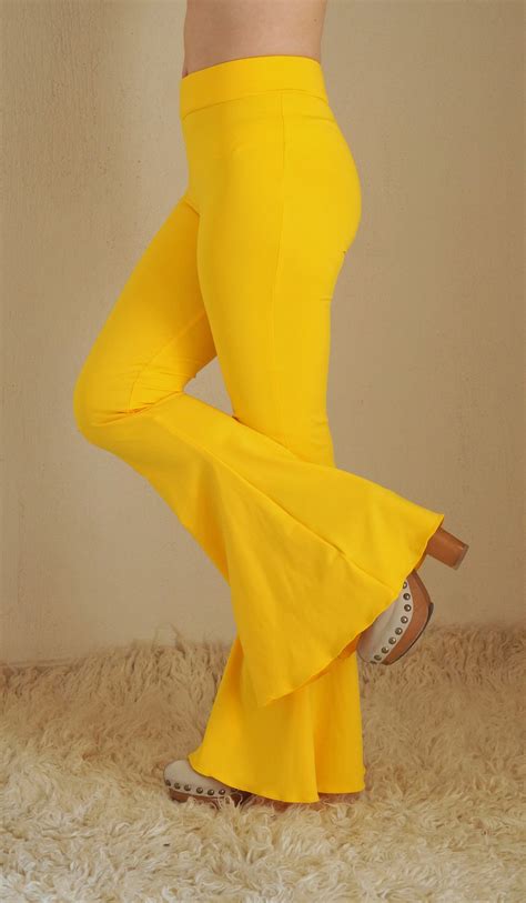 Yellow Neon High Waist Bell Bottoms Women Flare Pant Women Leggings 70s
