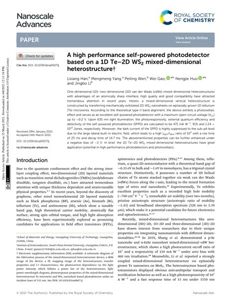 Pdf High Performance Self Powered Photodetector Based On 1d Te 2d Ws2 Mixed Dimensional