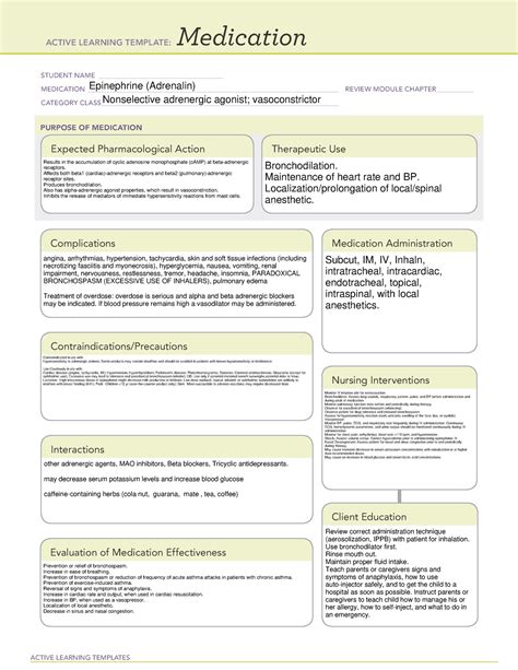 Epinephrine Adrenalin Active Learning Templates Medication Student