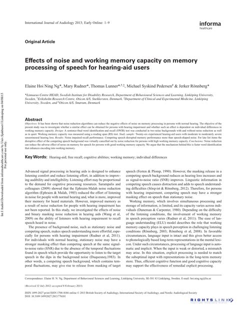Pdf Effects Of Noise And Working Memory Capacity On Memory Processing Of Speech For Hearing