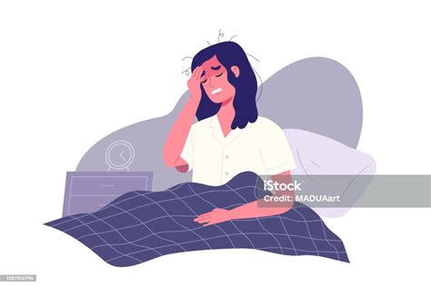 밤에 침대에 앉아 불면증 여성 젊은 여자는 밤에 깨어나서 화가 난다 불면증 두통 우울증 스트레스 및 정신 건강 문제로 고통의 개념 두통에 대한 스톡 벡터 아트 및 기타
