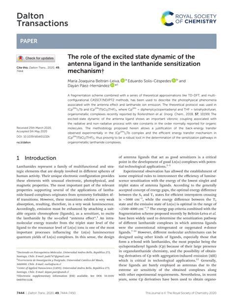 Pdf The Role Of The Excited State Dynamic Of The Antenna Ligand In The Lanthanide