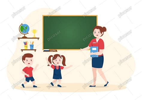 وکتور معلم و دانش آموزان در کلاس درس مدرسه ابتدایی پیکاسور
