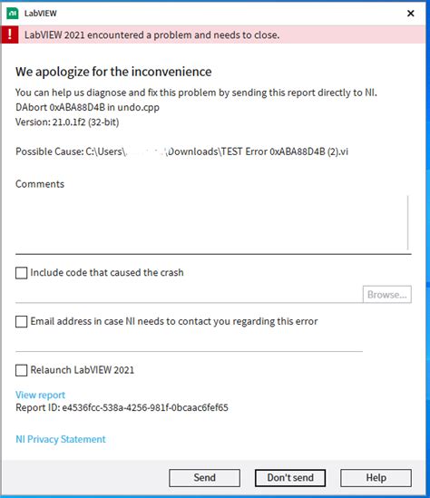 error 0xaba88d4b when clicking empty event cases causing labview to crash ni