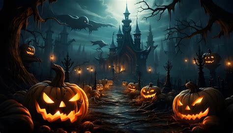 Premium Ai Image Haunted House Pumpkin Patch At Night By Full Moon Light